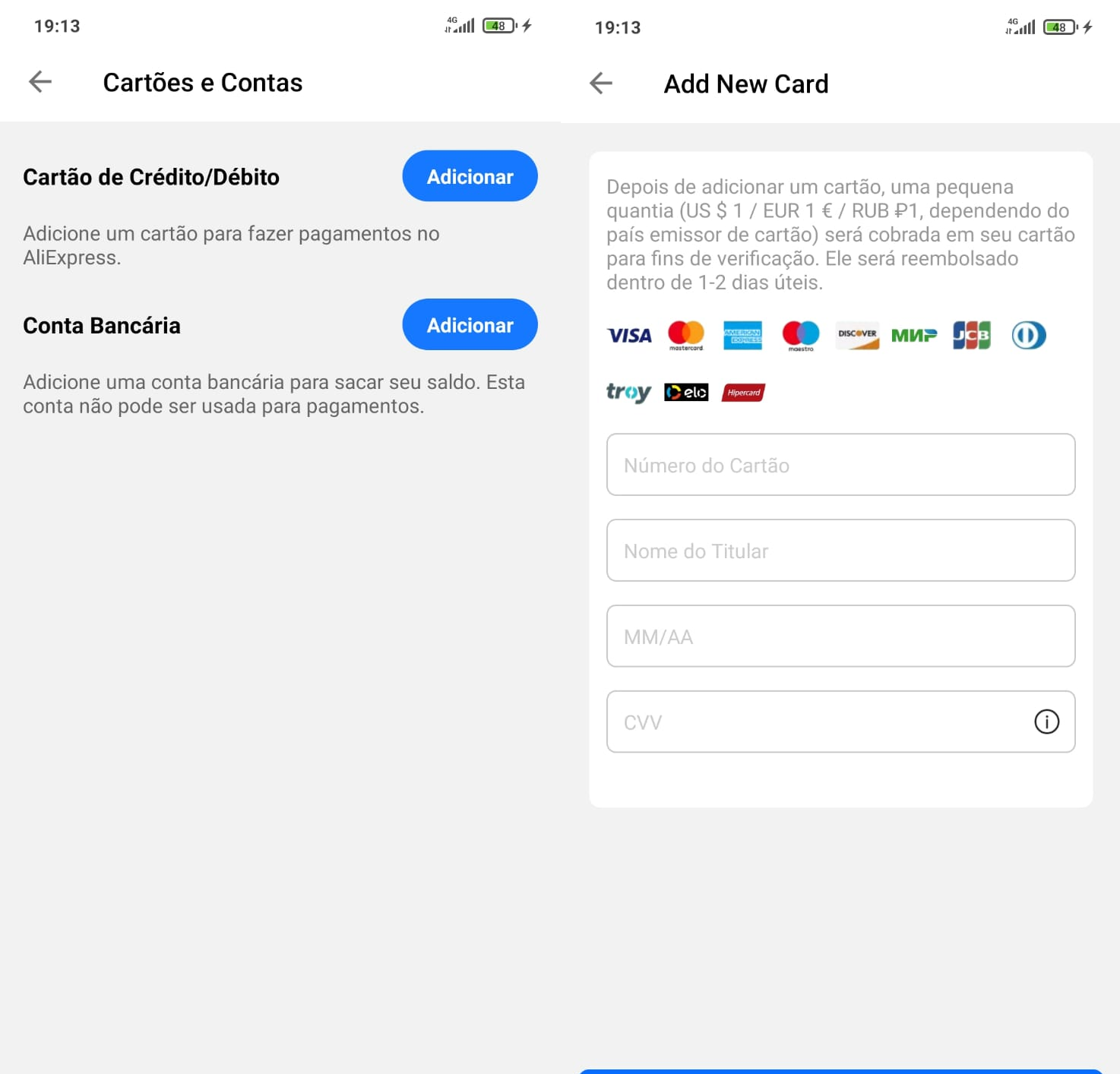 Como adicionar cartão no AliExpress